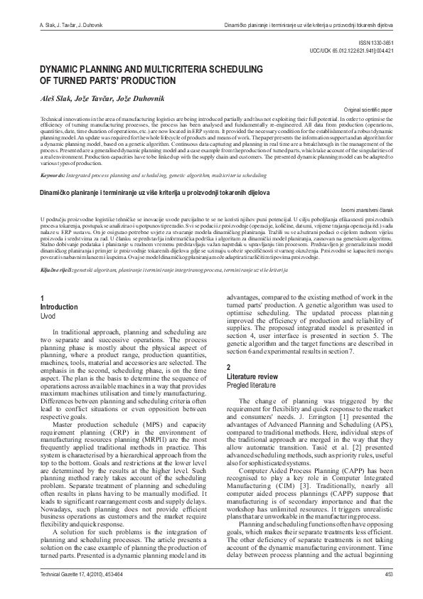(PDF) Dynamic planning and multicriteria scheduling of turned parts' production