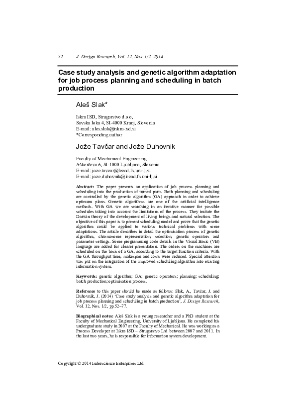 (PDF) Case study analysis and genetic algorithm adaptation for job process planning and ...