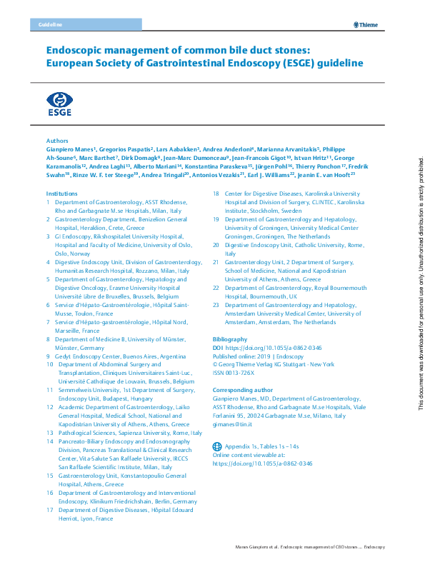 (PDF) Endoscopic management of common bile duct stones: European ...