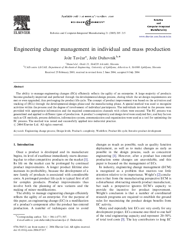 (PDF) Engineering change management in individual and mass production