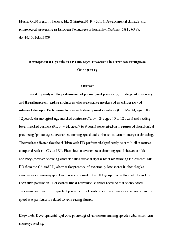 (PDF) Developmental Dyslexia and Phonological Processing in European Portuguese Orthography