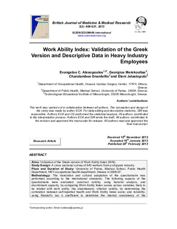 (PDF) Work Ability Index: Validation of the Greek Version and Descriptive Data in Heavy Industry ...
