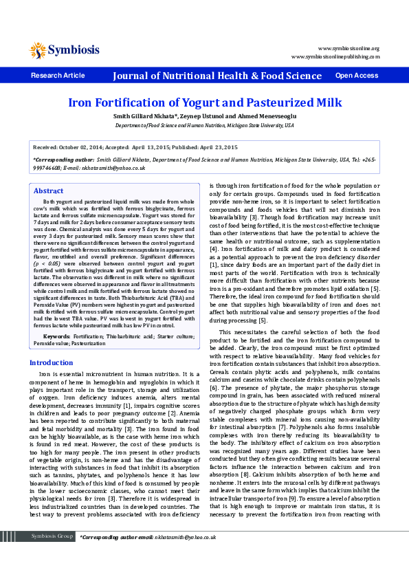 (PDF) Iron Fortification of Yogurt and Pasteurized Milk
