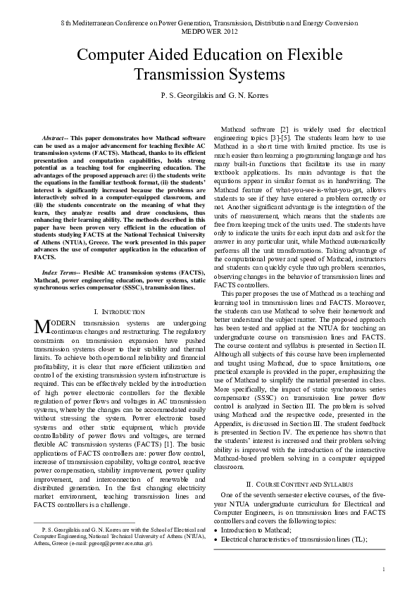 (PDF) Computer Aided Education on Flexible Transmission Systems