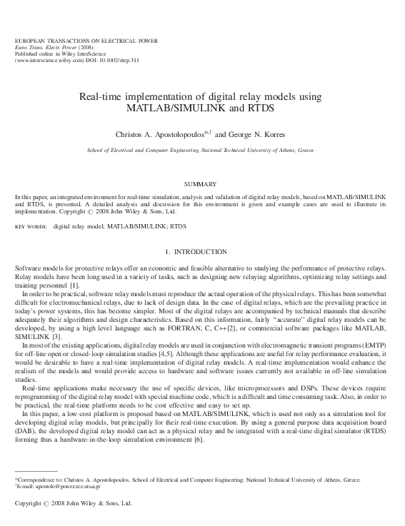 (PDF) Real-time implementation of digital relay models using MATLAB/SIMULINK and RTDS
