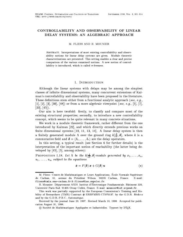 (PDF) Controllability and observability of linear delay systems: an algebraic approach