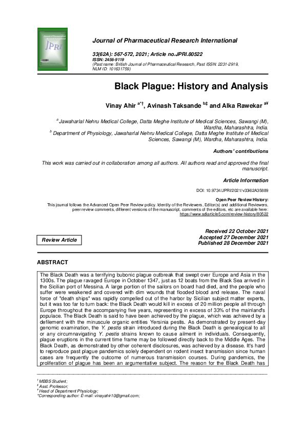(PDF) Black Plague: History and Analysis