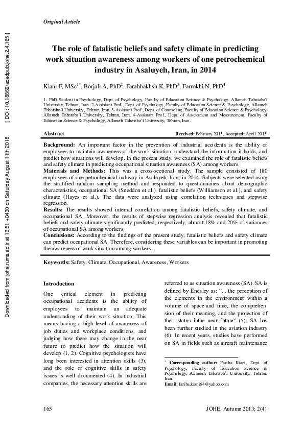 (PDF) The role of fatalistic beliefs and safety climate in predicting ...