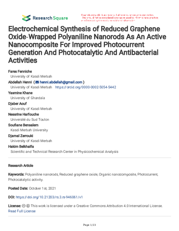 (PDF) Electrochemical Synthesis of Reduced Graphene Oxide‐Wrapped Polyaniline Nanorods As An ...