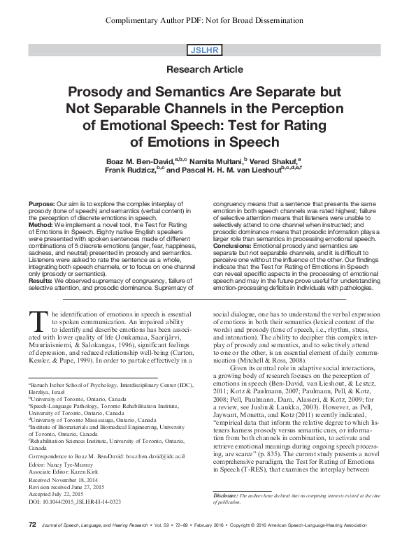 (PDF) Prosody and Semantics Are Separate but Not Separable Channels in the Perception of ...