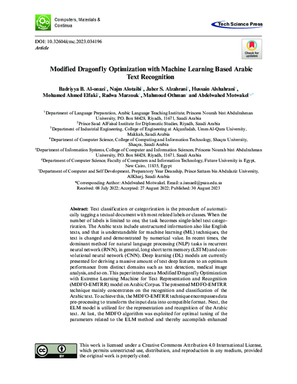 Pdf Modified Dragonfly Optimization With Machine Learning Based Arabic Text Recognition 1503
