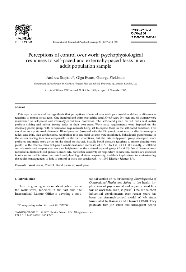 (PDF) Perceptions of control over work: psychophysiological responses ...