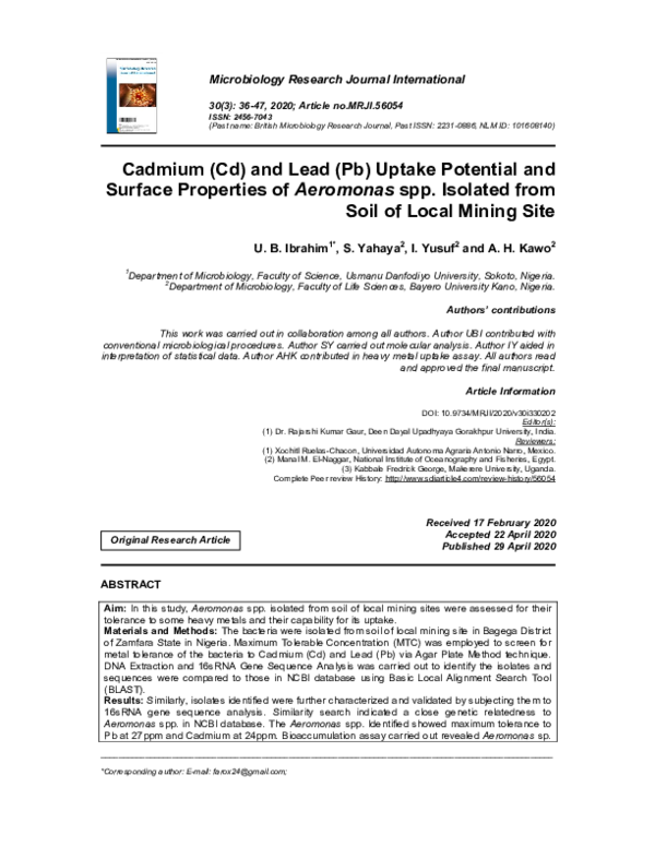 (PDF) Cadmium (Cd) and Lead (Pb) Uptake Potential and Surface Properties of Aeromonas spp ...