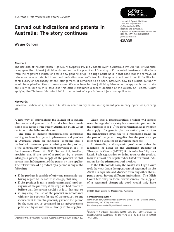 (PDF) Carved out indications and patents in Australia: The story continues