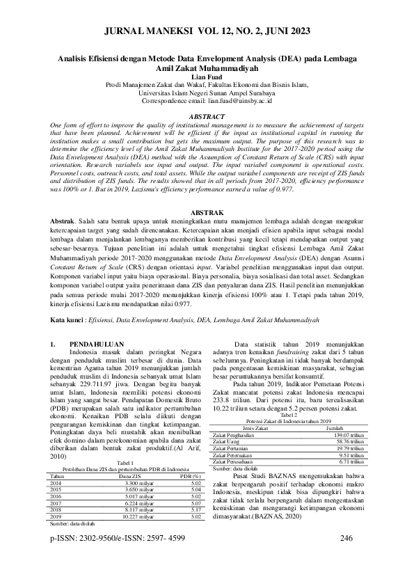 (PDF) Analisis Efisiensi dengan Metode Data Envelopment Analysis (DEA) pada Lembaga Amil Zakat ...