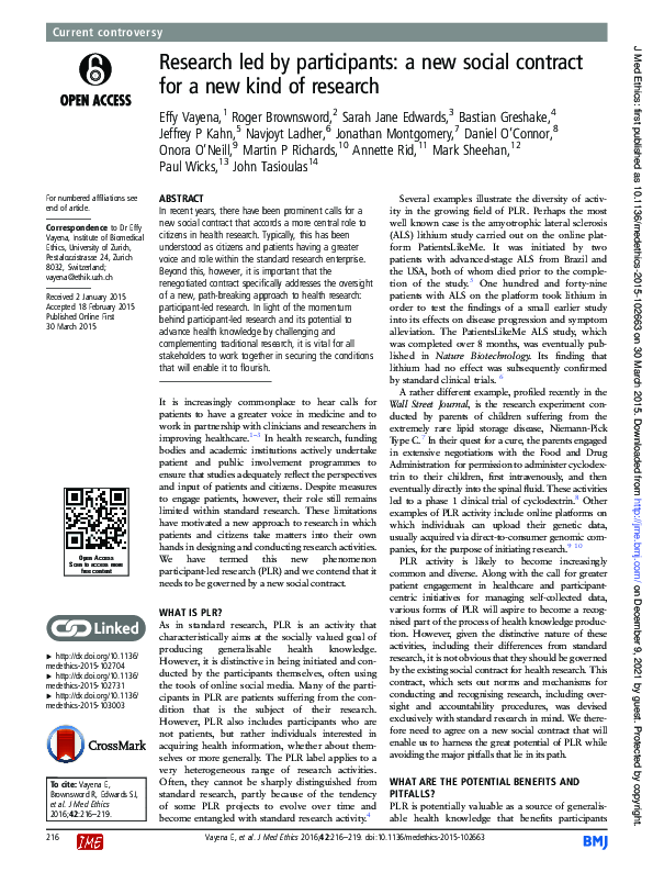 (PDF) Research led by participants: a new social contract for a new ...