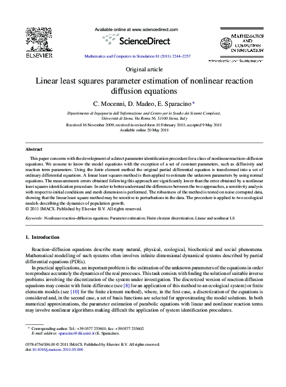Pdf Linear Least Squares Parameter Estimation Of Nonlinear Reaction Diffusion Equations