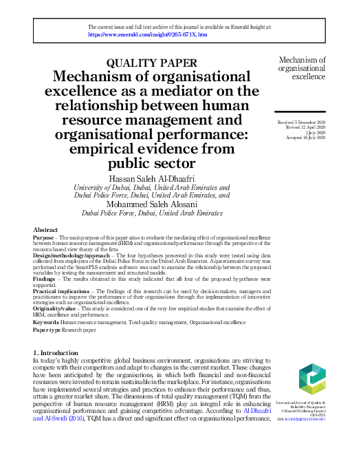 (PDF) Mechanism of organisational excellence as a mediator on the relationship between human ...