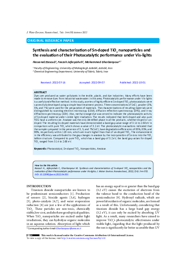 Pdf Synthesis And Characterization Of Sn Doped Tio2 Nanoparticles And The Evaluation Of Their