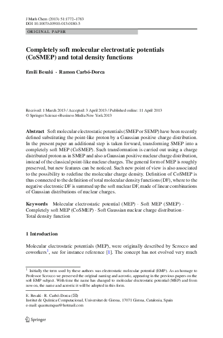(PDF) Completely soft molecular electrostatic potentials (CoSMEP) and total density functions