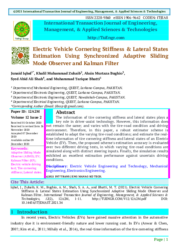 Pdf Electric Vehicle Cornering Stiffness And Lateral States Estimation