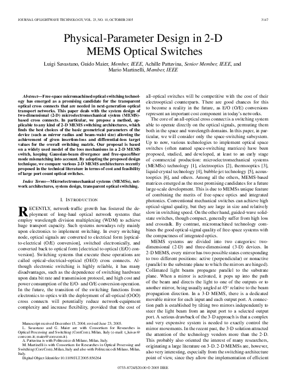 Pdf Physical Parameter Design In 2 D Mems Optical Switches