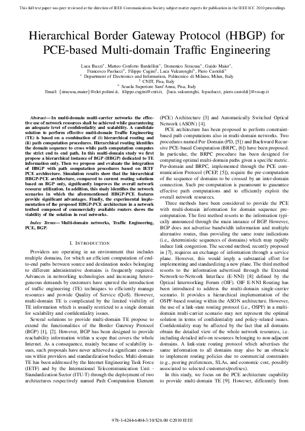Pdf Hierarchical Border Gateway Protocol Hbgp For Pce Based Multi Domain Traffic Engineering