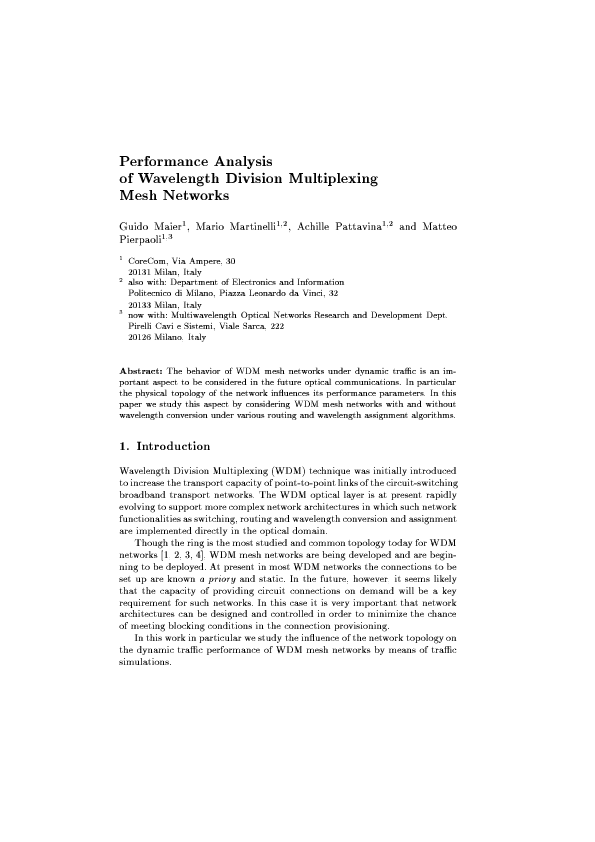 (PDF) Performance Analysis of Wavelength Division Multiplexing Mesh Networks