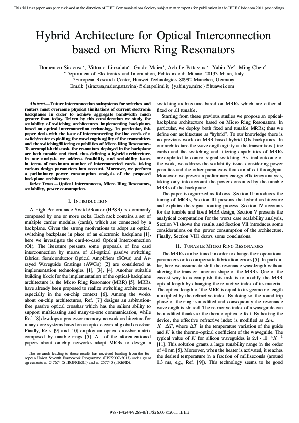 (PDF) Hybrid Architecture for Optical Interconnection Based on Micro Ring Resonators