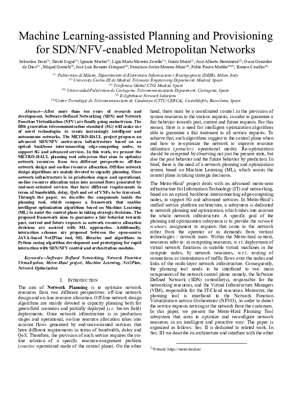 (PDF) Machine Learning-assisted Planning and Provisioning for SDN/NFV-enabled Metropolitan Networks