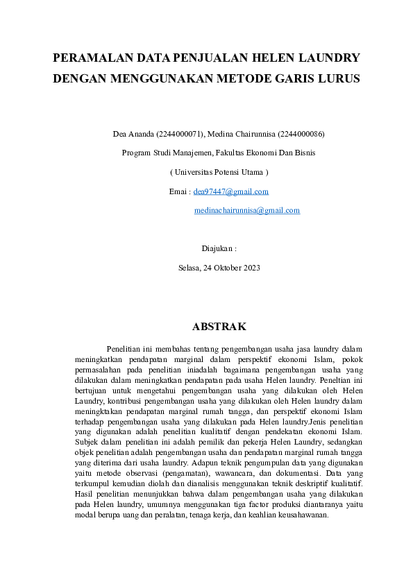 (DOC) PERAMALAN DATA PENJUALAN HELEN LAUNDRY DENGAN MENGGUNAKAN METODE GARIS LURUS | Dea Ananda ...