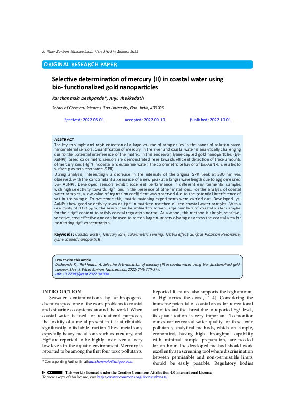 Pdf Selective Determination Of Mercury Ii In Coastal Water Using Bio Functionalized Gold