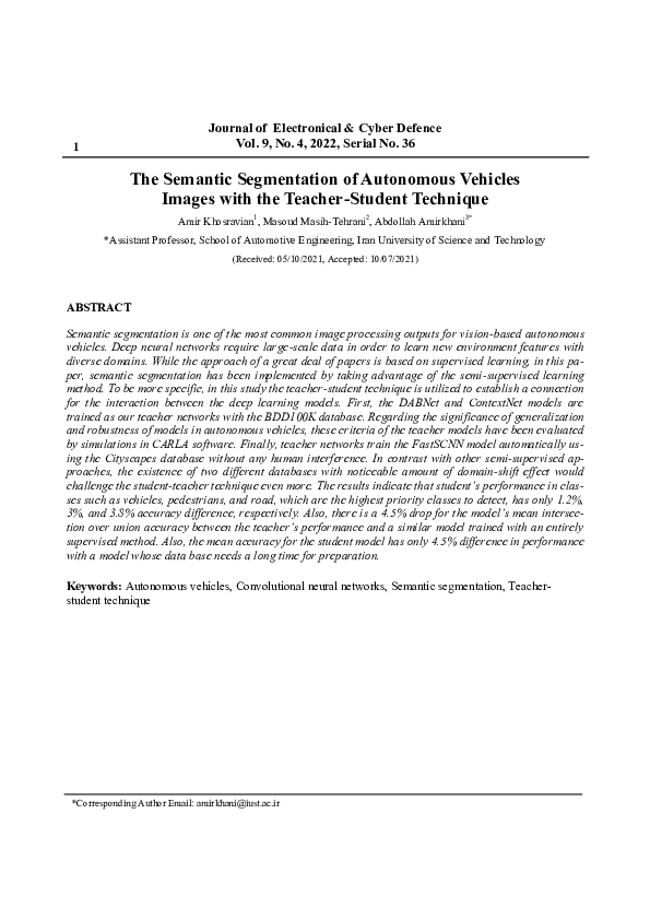 (PDF) The Semantic Segmentation of Autonomous Vehicles Images with the Teacher-Student Technique