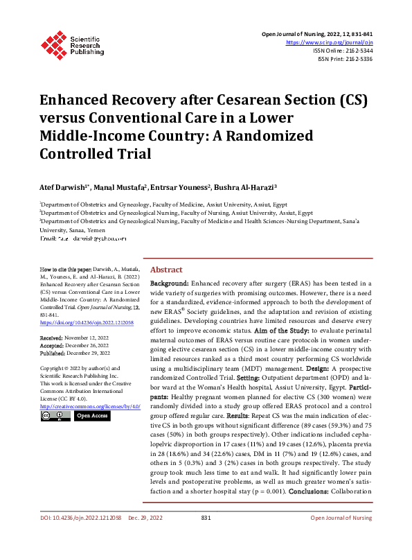 (PDF) Enhanced Recovery after Cesarean Section (CS) versus Conventional ...