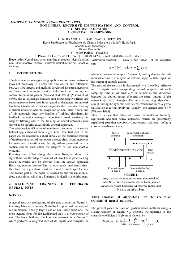 (PDF) Non-Linear Recursive Identification and Control by Neural Networks: A General Framework
