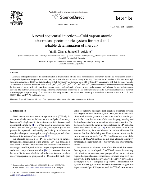Pdf A Novel Sequential Injection—cold Vapour Atomic Absorption Spectrometric System For Rapid