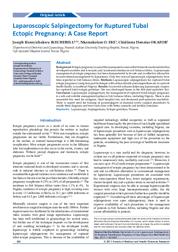 (PDF) Laparoscopic Salpingectomy for Ruptured Tubal Ectopic Pregnancy: A Case Report