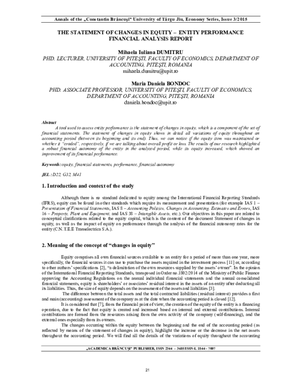 (PDF) The Statement of Changes in Equity – Entity Performance Financial Analysis Report