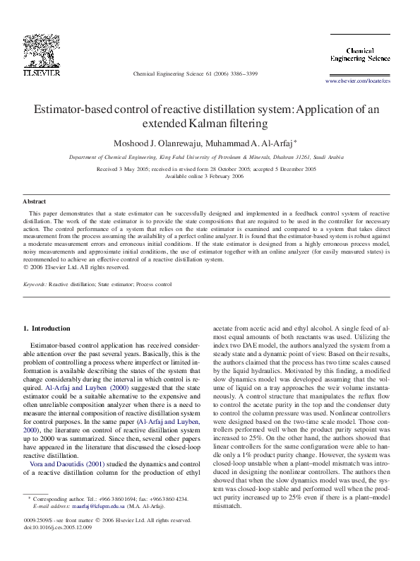 (PDF) Estimator-based control of reactive distillation system: Application of an extended Kalman ...