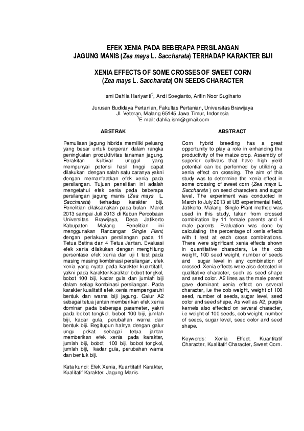 (PDF) Efek Xenia Pada Beberapa Persilangan Jagung Manis (Zea Mays L ...