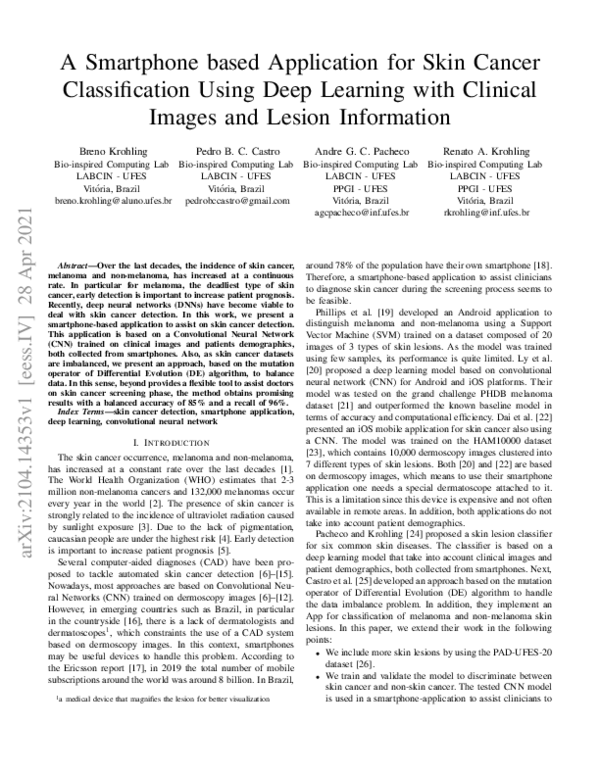 (PDF) A Smartphone based Application for Skin Cancer Classification ...