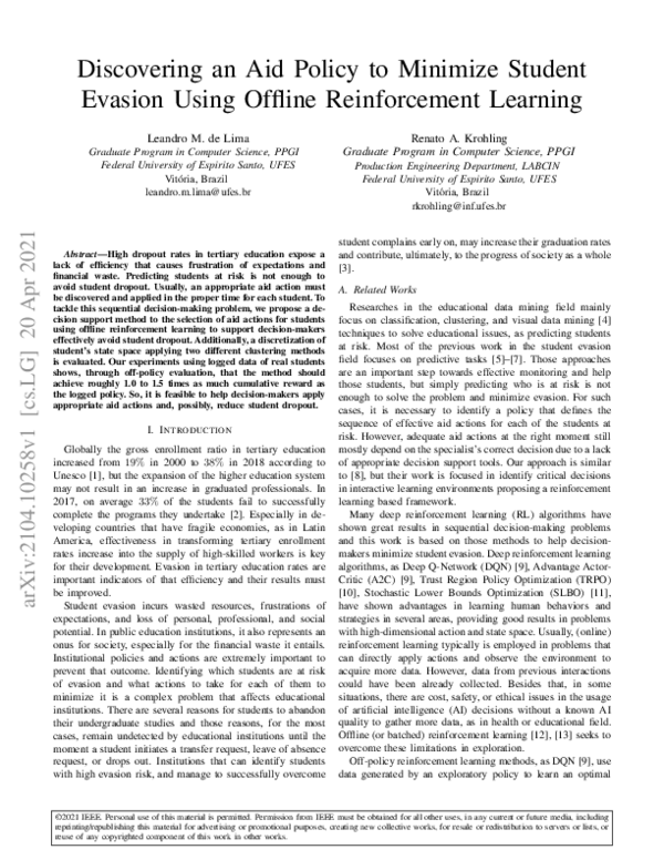 (PDF) Discovering an Aid Policy to Minimize Student Evasion Using Offline Reinforcement Learning
