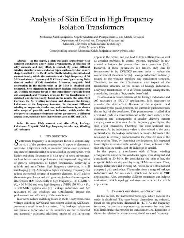 (PDF) Analysis of Skin Effect in High Frequency Isolation Transformers