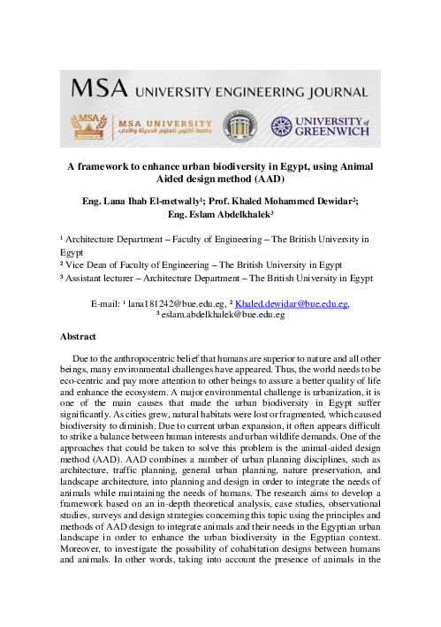 (PDF) A framework to enhance urban biodiversity in Egypt, using Animal ...