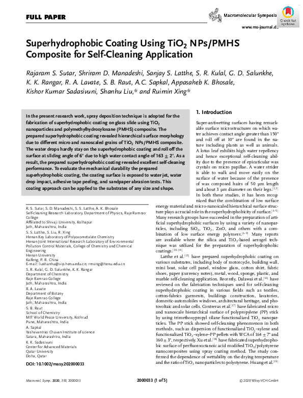 (PDF) Superhydrophobic Coating Using TiO2 NPs/PMHS Composite for Self‐Cleaning Application