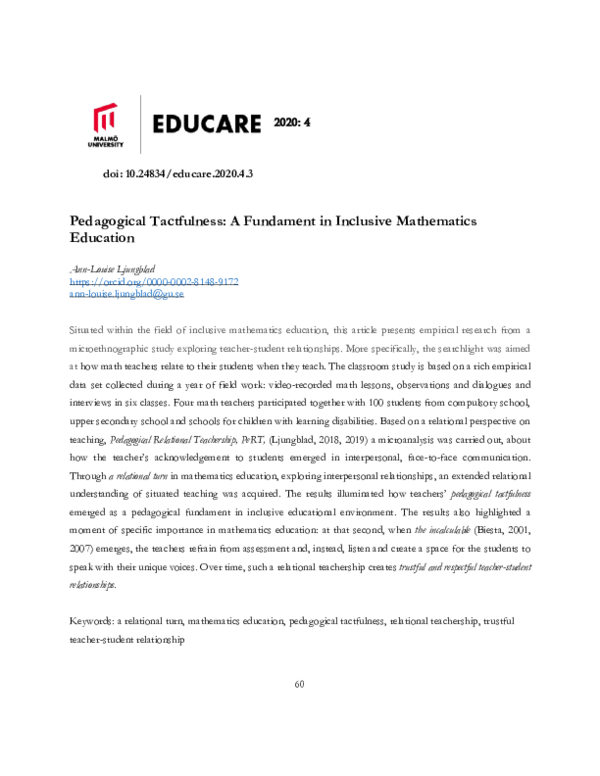 (PDF) Pedagogical Tactfulness: A Fundament in Inclusive Mathematics ...