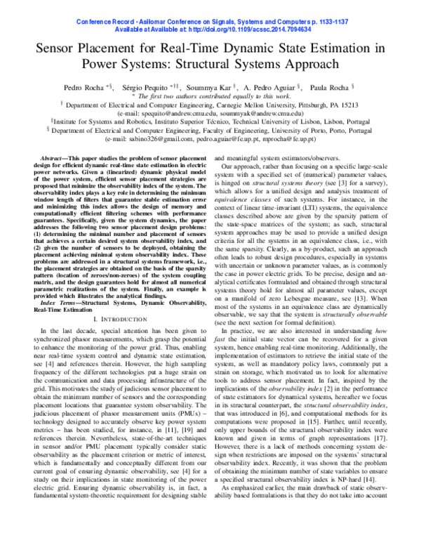 Pdf Sensor Placement For Real Time Dynamic State Estimation In Power