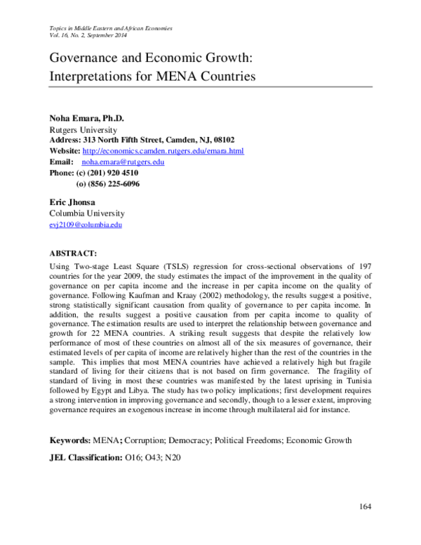 (PDF) Governance and Economic Growth: Interpretations for MENA Countries