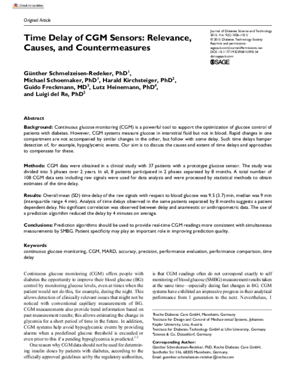 Pdf Time Delay Of Cgm Sensors Relevance Causes And Countermeasures