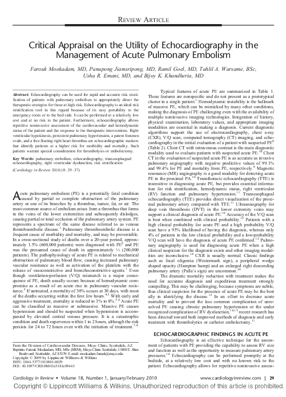 (PDF) Critical Appraisal on the Utility of Echocardiography in the Management of Acute Pulmonary ...